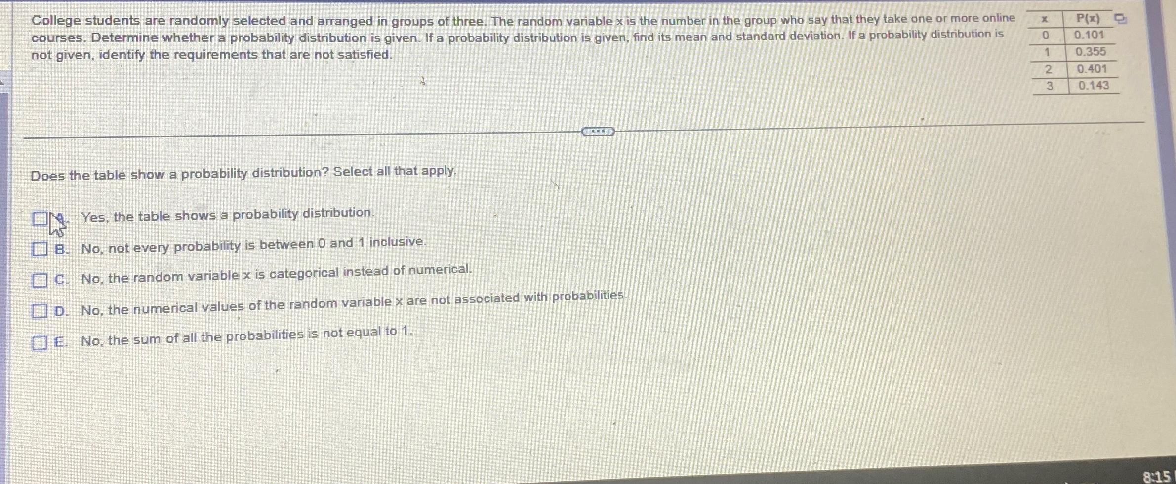 Solved courses. Determine whether a probability distribution | Chegg.com