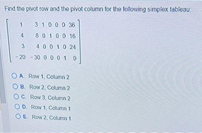 Solved Find the pivot row and the pivot column for the | Chegg.com
