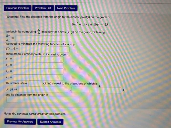 Solved (10 points) Find the distance from the origin to the | Chegg.com