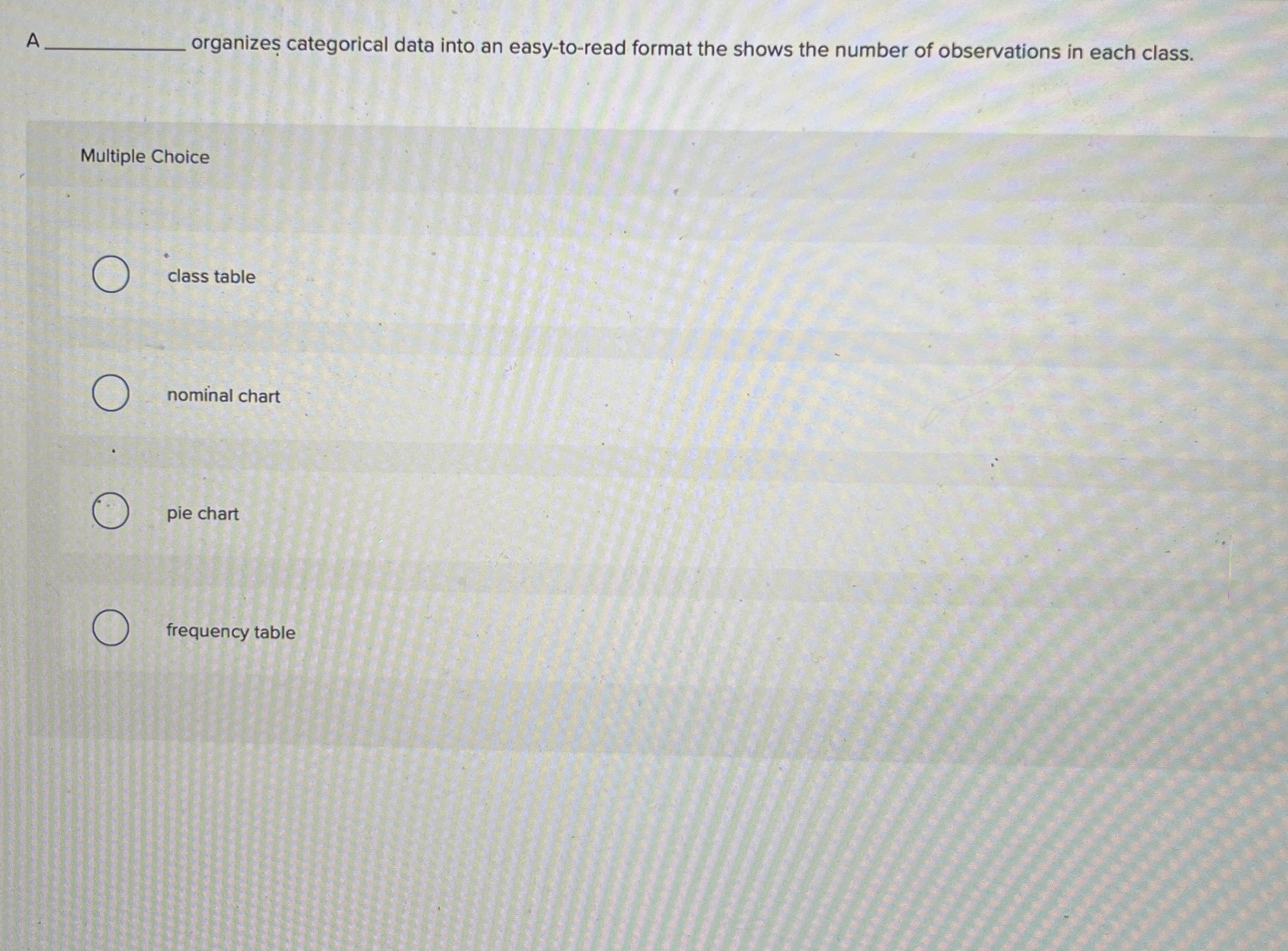 Solved A organizes categorical data into an easy-to-read | Chegg.com