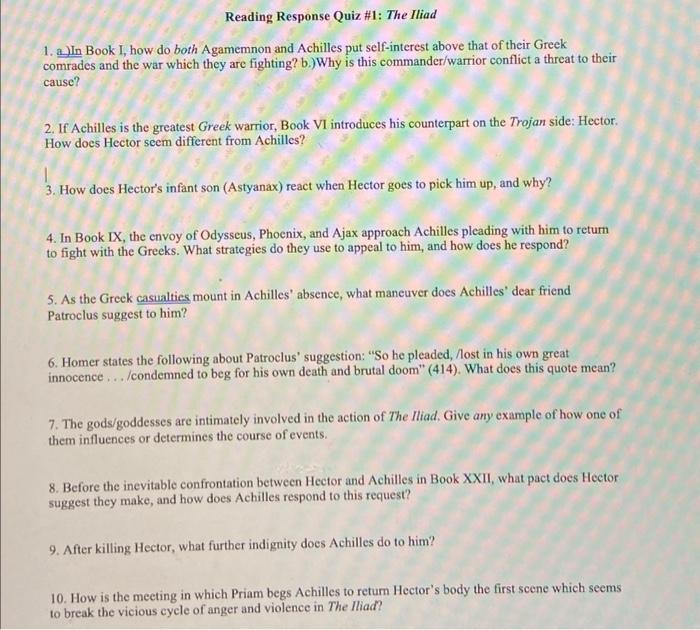 Reading Response Quiz #1: The Iliad 1. a In Book I, | Chegg.com