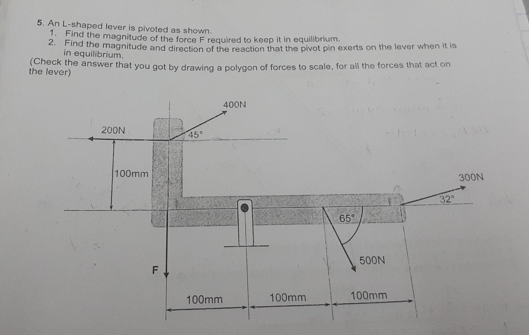 Solved 5. An L-shaped lever is pivoted as shown. 1. Find the | Chegg.com