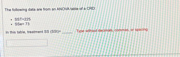 Solved The following data are from an ANOVA table of a CRD: | Chegg.com