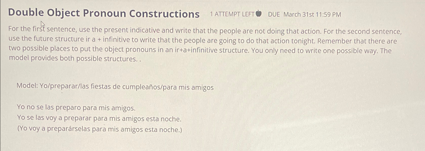 Solved Double Object Pronoun Constructions 1 ﻿ATTEMPT LEFT | Chegg.com