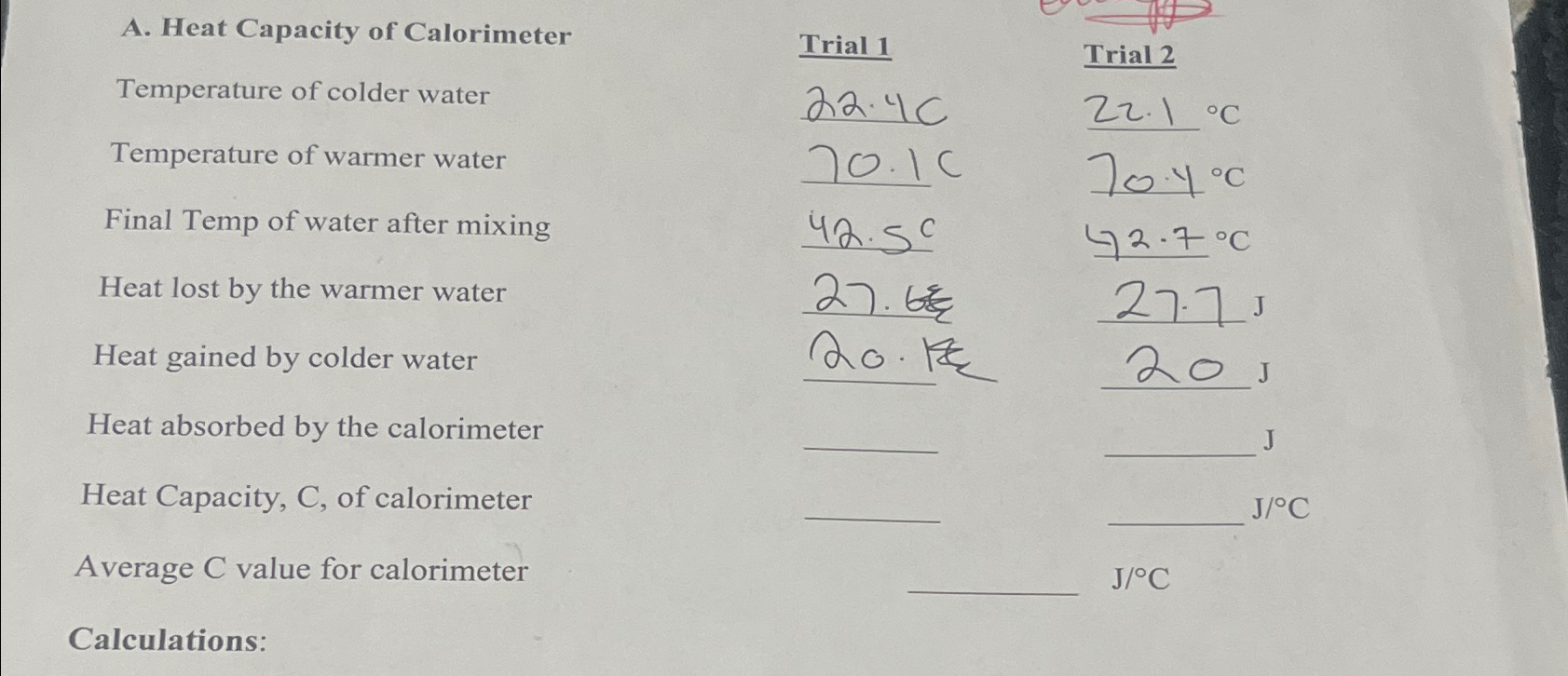 Solved \table[[A. ﻿Heat Capacity of Calorimeter,Trial | Chegg.com