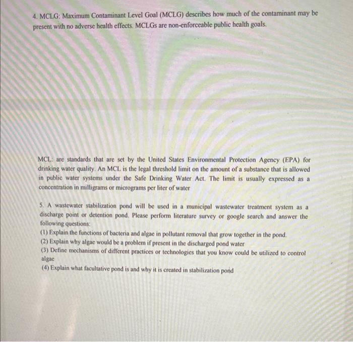 Solved 4. MCLG: Maximum Contaminant Level Goal (MCLG) | Chegg.com