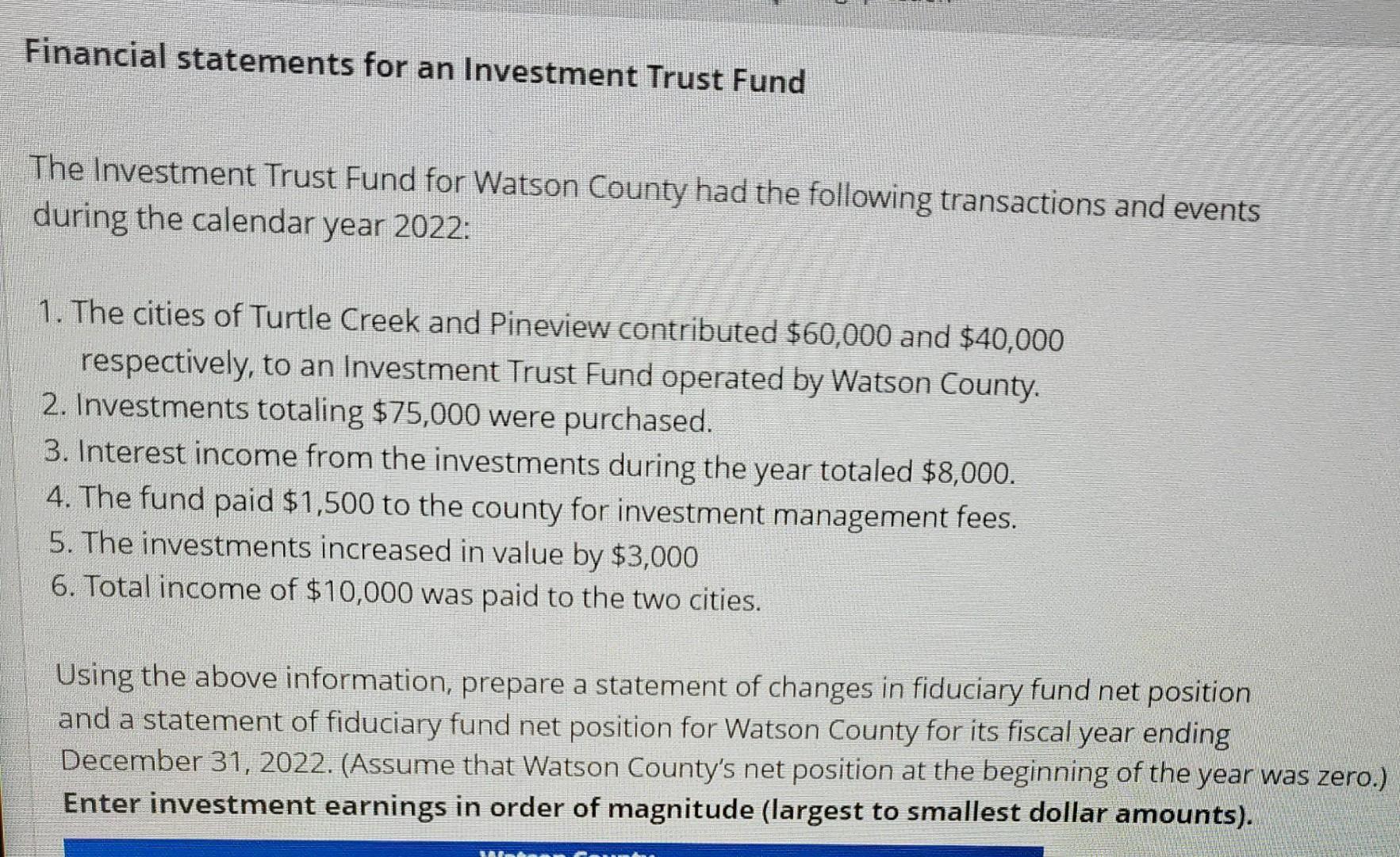 Solved Financial statements for an Investment Trust Fund The | Chegg.com