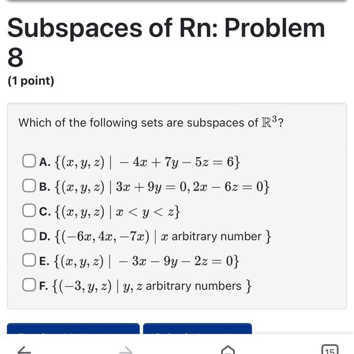 Solved Subspaces Of Rn Problem 8 1 Point Which Of The 