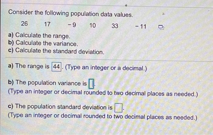 Solved Consider the following population data values. 26 17 | Chegg.com