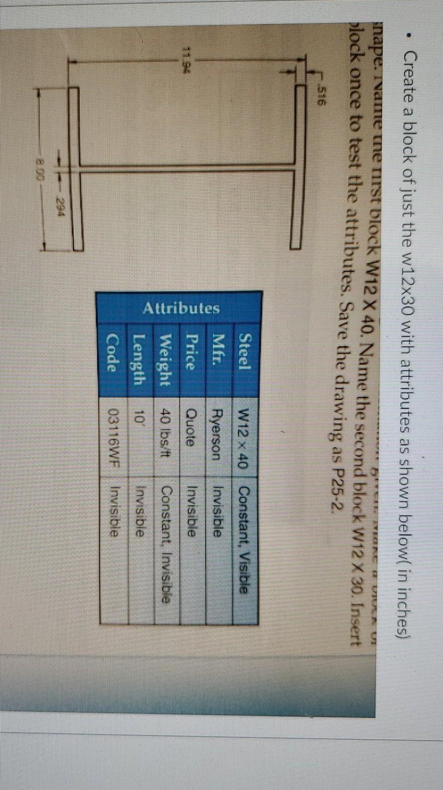 Create a block of just the w12x30 with attributes as | Chegg.com