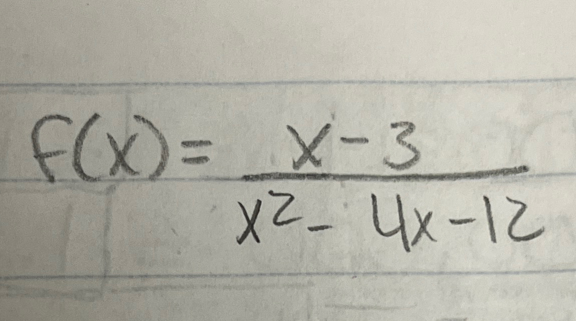 Solved Find the domain: f(x)=x-3x2-4x-12 | Chegg.com