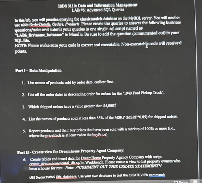 Solved ISbS 3110: Data and tuformatlon Management LAB H6: | Chegg.com