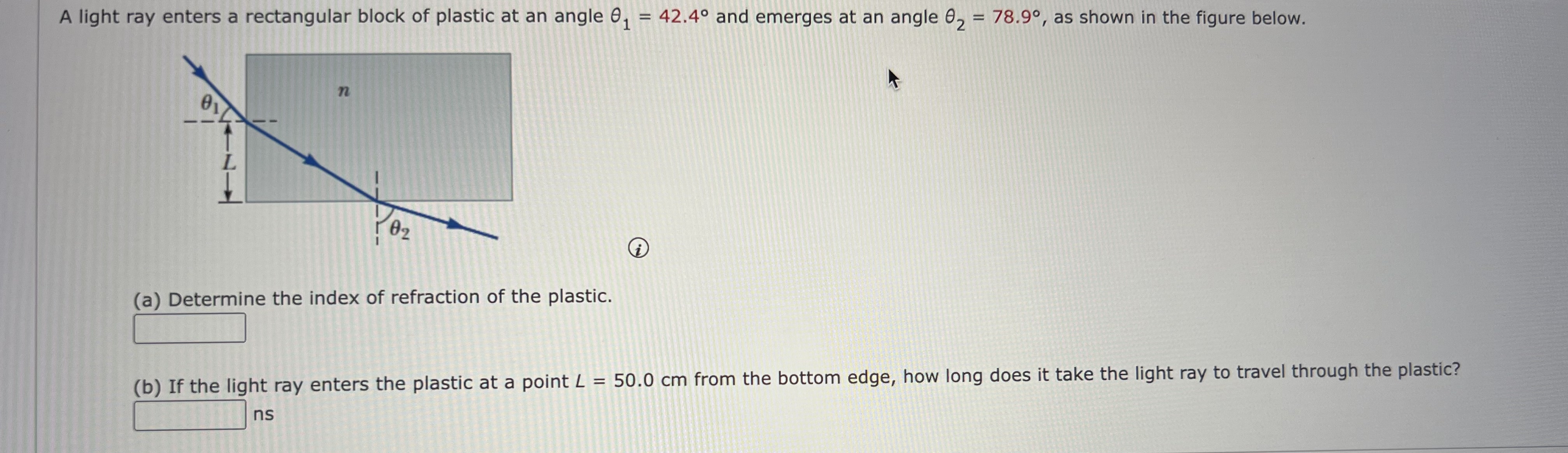 Solved A light ray enters a rectangular block of plastic at | Chegg.com