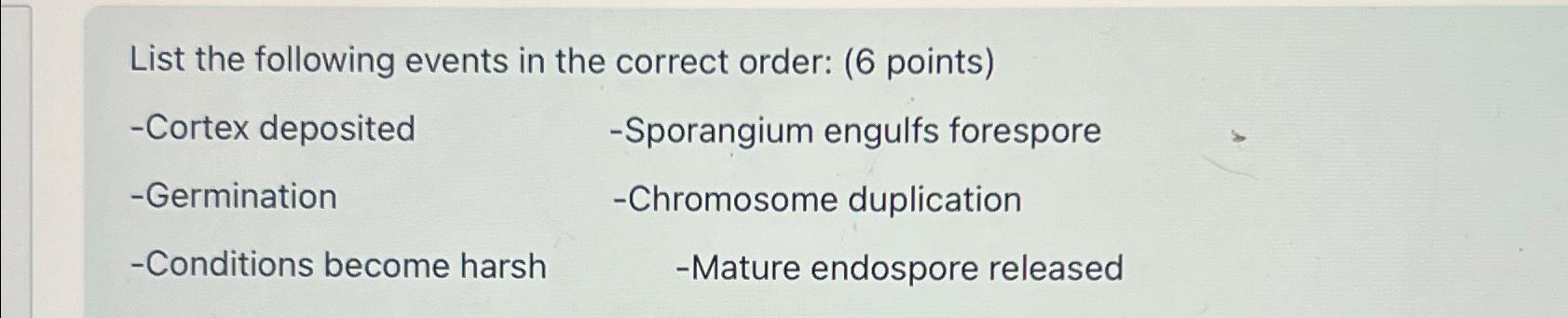 Solved List the following events in the correct order: (6 | Chegg.com
