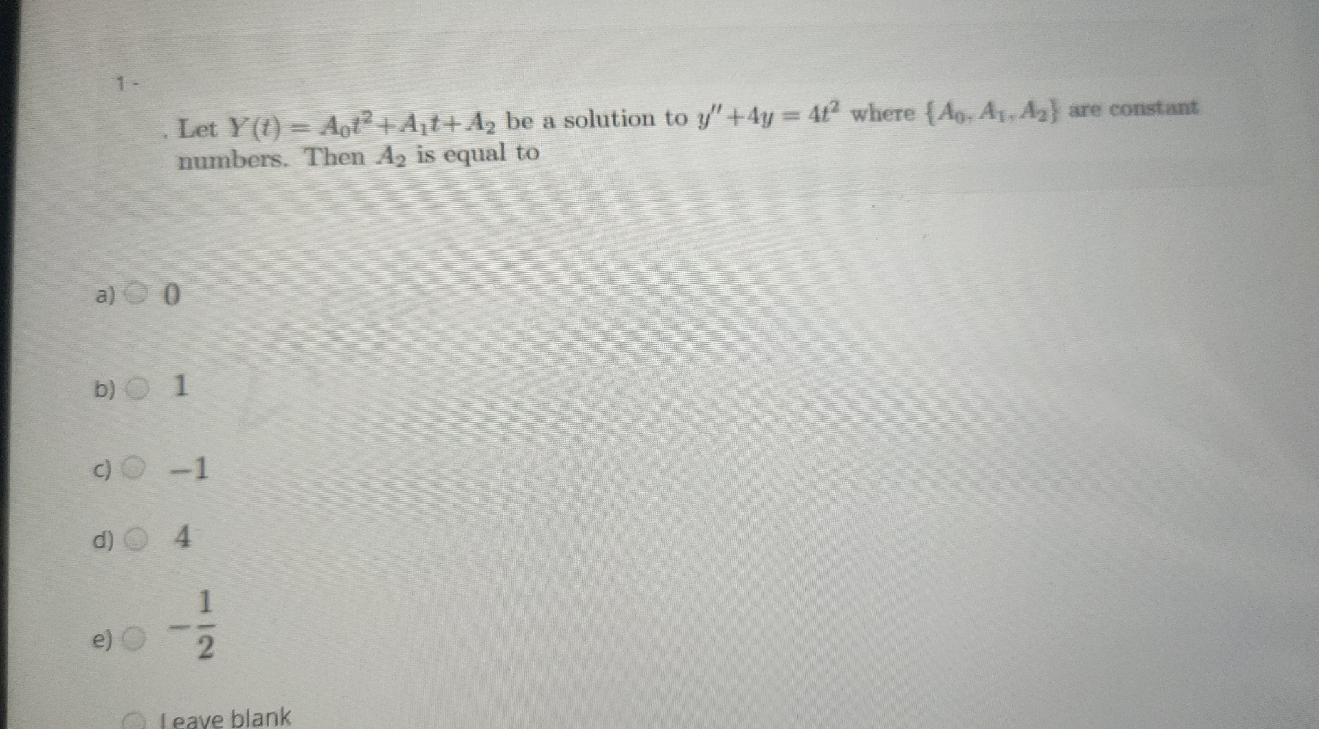 Solved Let Y(t)=A0t2+A1t+A2 ﻿be a solution to y''+4y=4t2 | Chegg.com