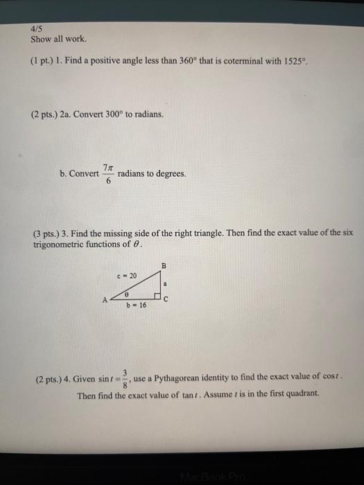 (1 pt.) 1. Find a positive angle less than 360∘ that | Chegg.com