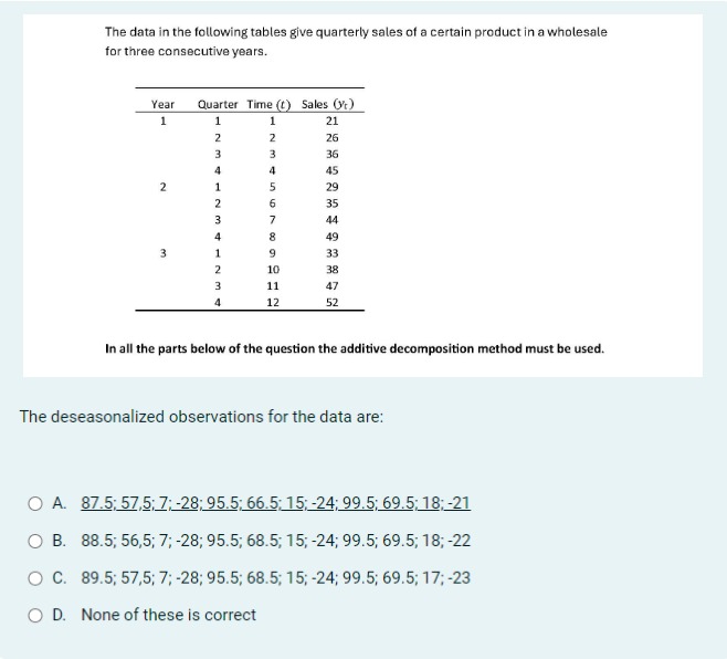 The data in the following tables give quarterly sales | Chegg.com