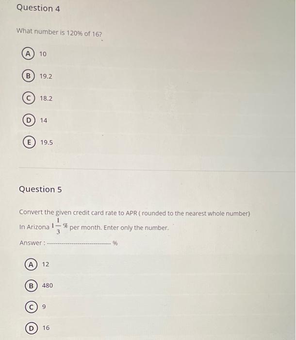 Solved Question 4 What Number Is 120 Of 16 A 10 B 19 2 Chegg