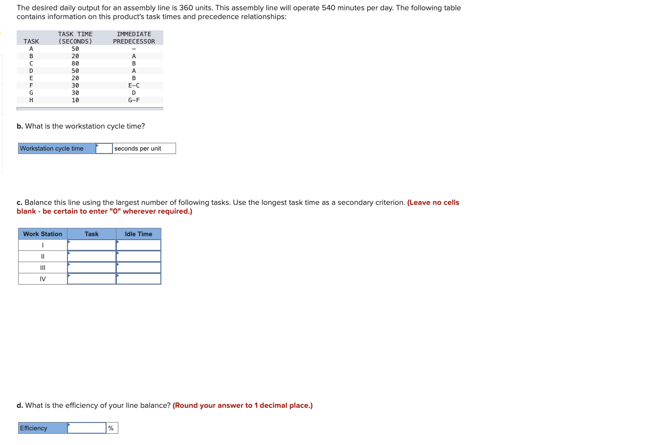 Solved The desired daily output for an assembly line is 360 | Chegg.com