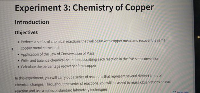 Solved Experiment 3: Chemistry of Copper Introduction | Chegg.com