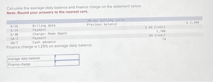 Solved Calculate the average daily balance and finance | Chegg.com