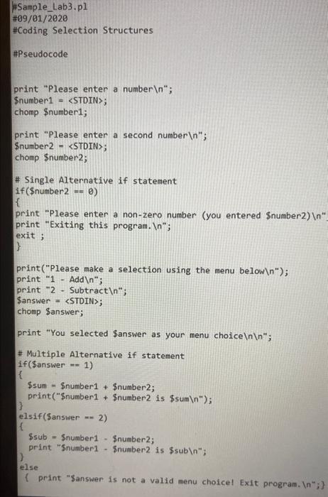 Solved WSample Lab3.pl \# 09/01/2020 "Coding Selection | Chegg.com