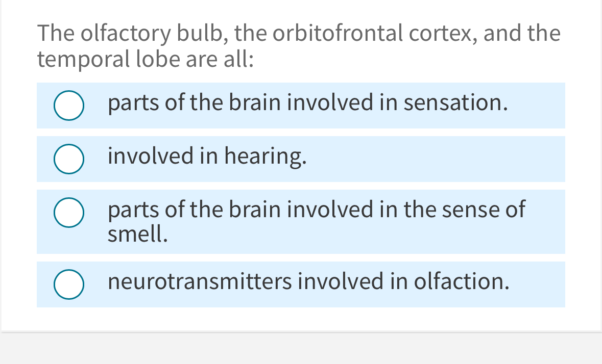 Solved The olfactory bulb, the orbitofrontal cortex, and | Chegg.com