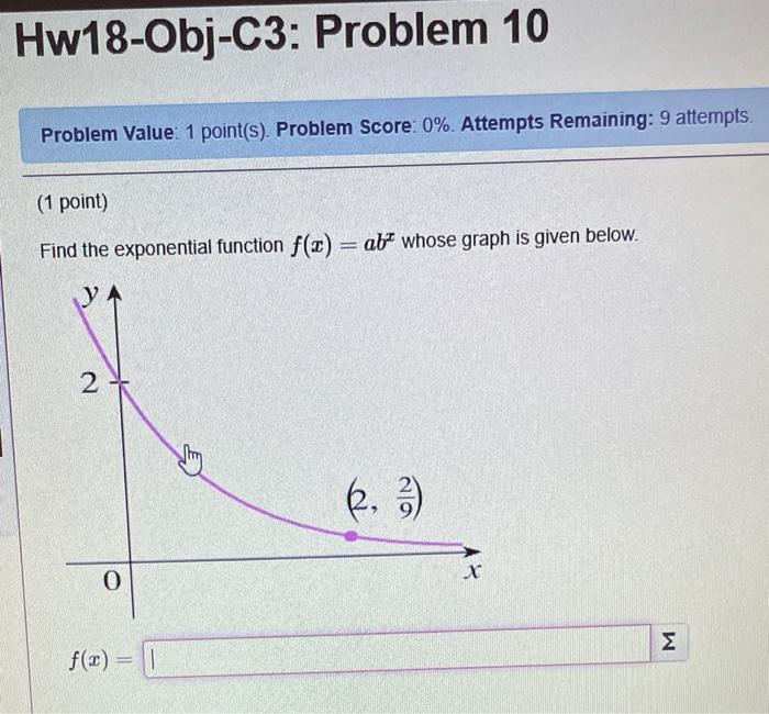Solved Find the exponential function f(x)=abx whose graph is | Chegg.com