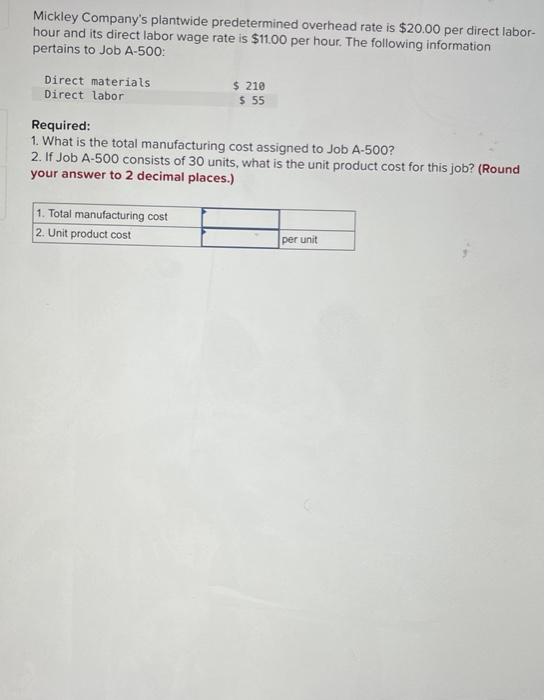 Solved Mickley Company's plantwide predetermined overhead | Chegg.com