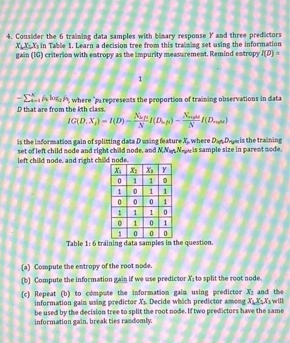 Solved 4. Consider the 6 training data samples with binary | Chegg.com