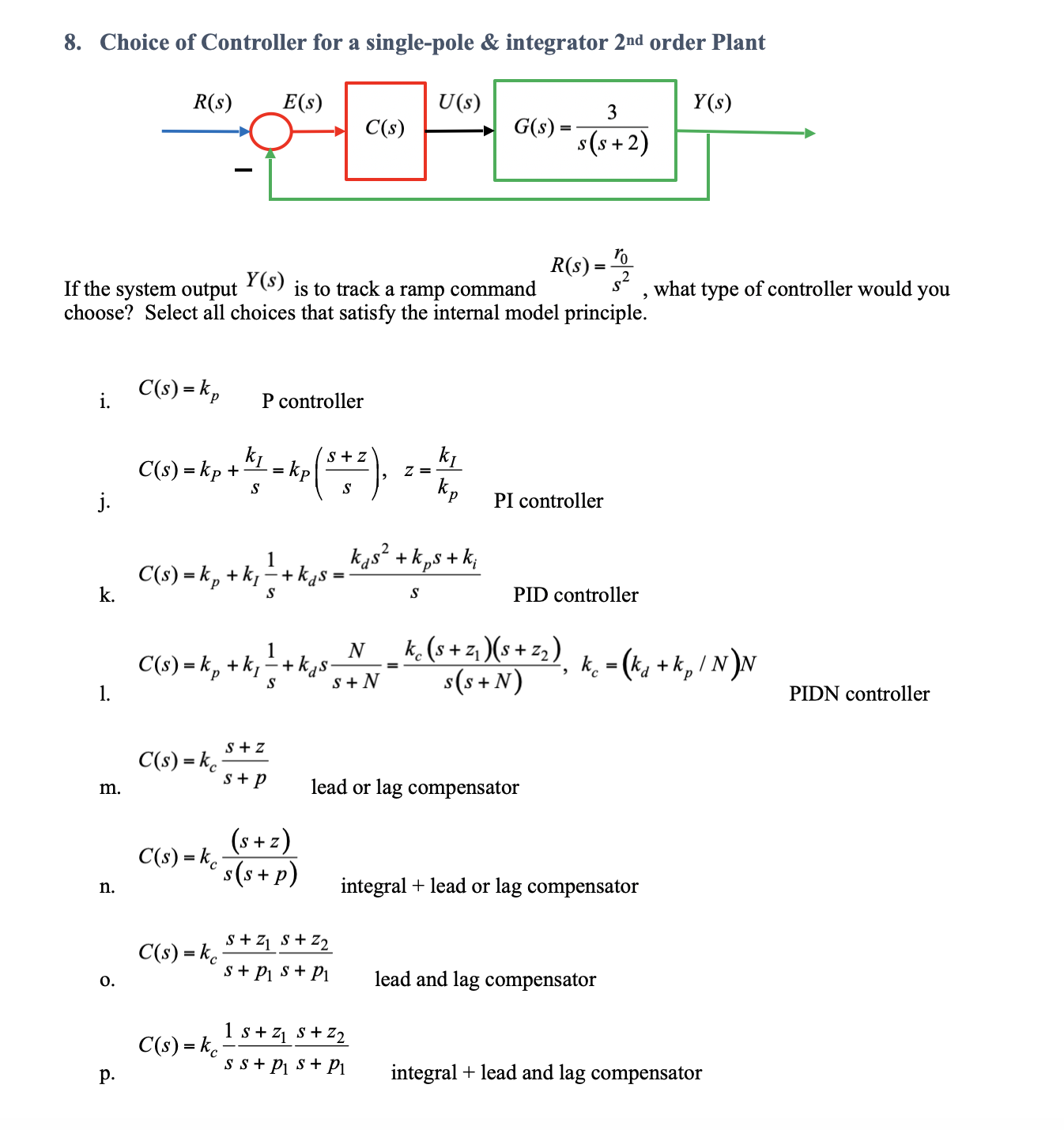 Solved Choice of Controller for a single-pole & integrator | Chegg.com