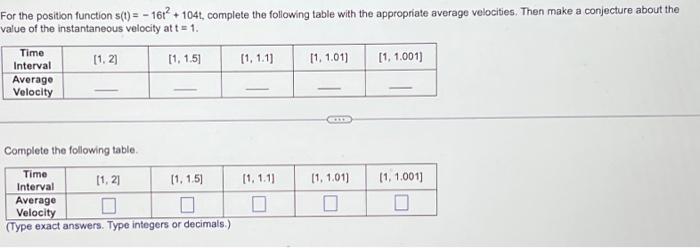 Solved For the position function s(t)=−16t2+104t, complete | Chegg.com