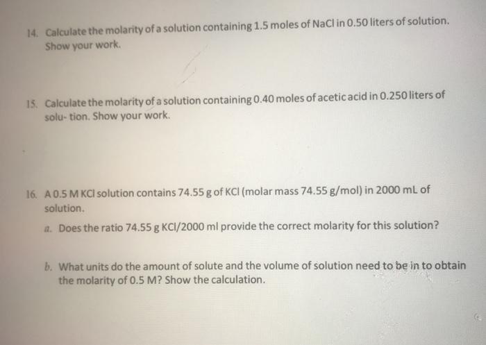 Solved 14. Calculate the molarity of a solution containing | Chegg.com