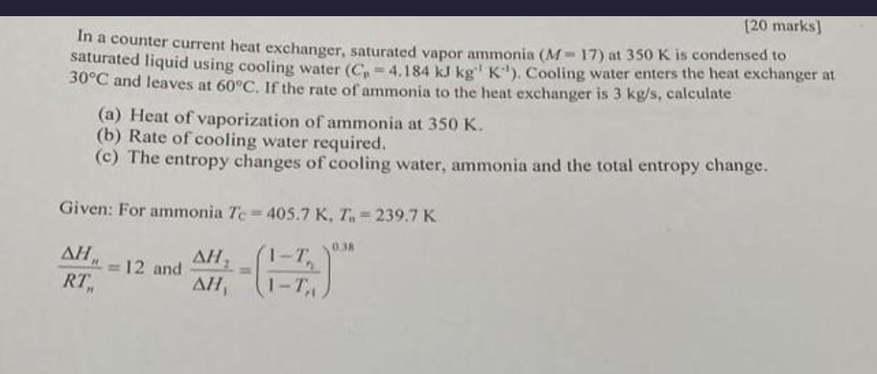 Solved In a counter current heat exchanger, saturated vapor | Chegg.com