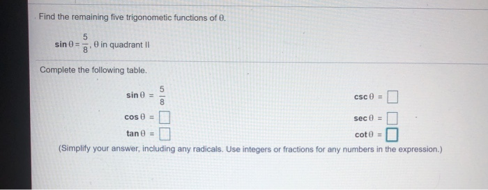 Solved Find the remaining five trigonometic functions of e. | Chegg.com