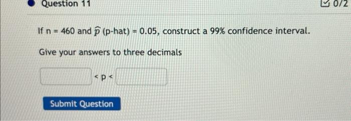 Solved Question 11 If n = 460 and p (p-hat) = 0.05, | Chegg.com