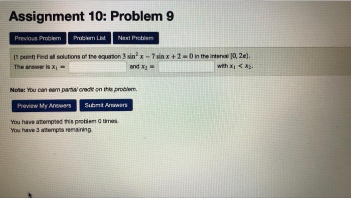 Solved Assignment 10 Problem 9 Previous Problem Problem
