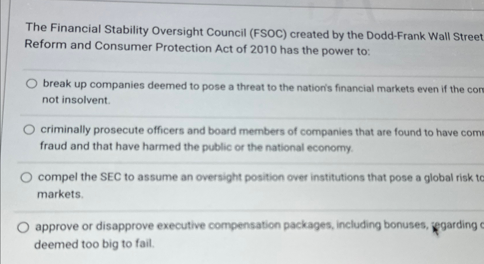 Solved The Financial Stability Oversight Council (FSOC) | Chegg.com