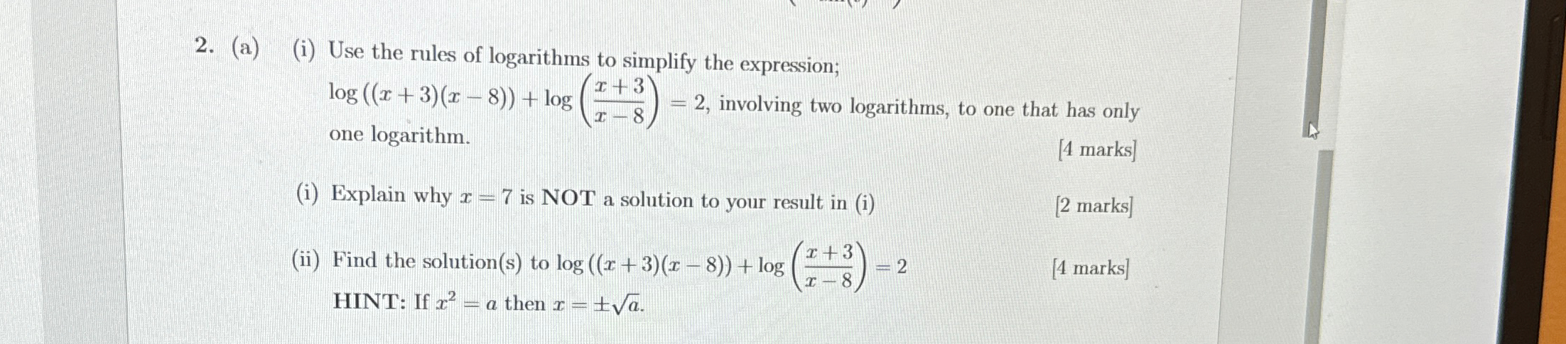 Solved (a) (i) ﻿Use the rules of logarithms to simplify the | Chegg.com