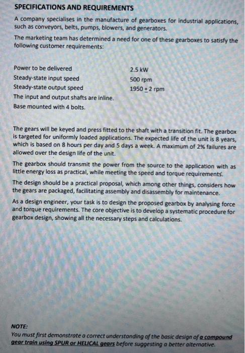 Solved SPECIFICATIONS AND REQUIREMENTS A company specialises | Chegg.com