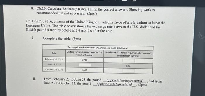 Solved 8. Ch.20: Calculate Exchange Rates. Fill in the | Chegg.com