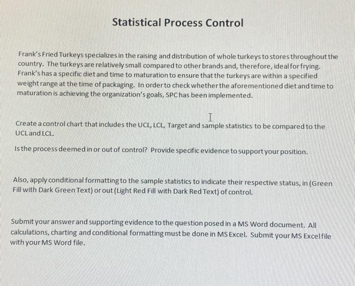 Solved Statistical Process Control Frank's Fried Turkeys | Chegg.com