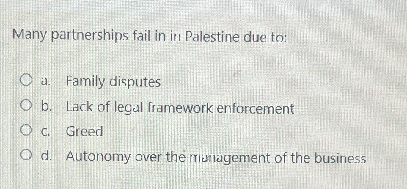Solved Many partnerships fail in in Palestine due to:a. | Chegg.com