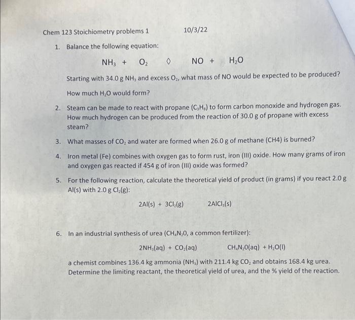 Solved NH3+O2⋄NO+H2O Starting with 34.0 gNH3 and excess O2, | Chegg.com