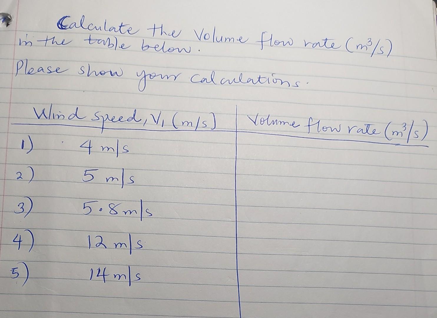 Solved Calculate the volume flow rate (m3/) in the table | Chegg.com