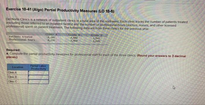 Solved Exercise 18−41 (Algo) Partial Productivity Measures | Chegg.com