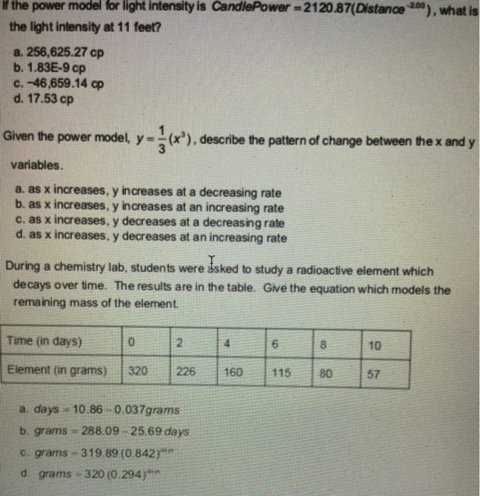 Solved the power model for light intensity is CandlePower - | Chegg.com