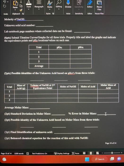 Solved Molarity of NaOH : Unknown solid acid number: Lab | Chegg.com
