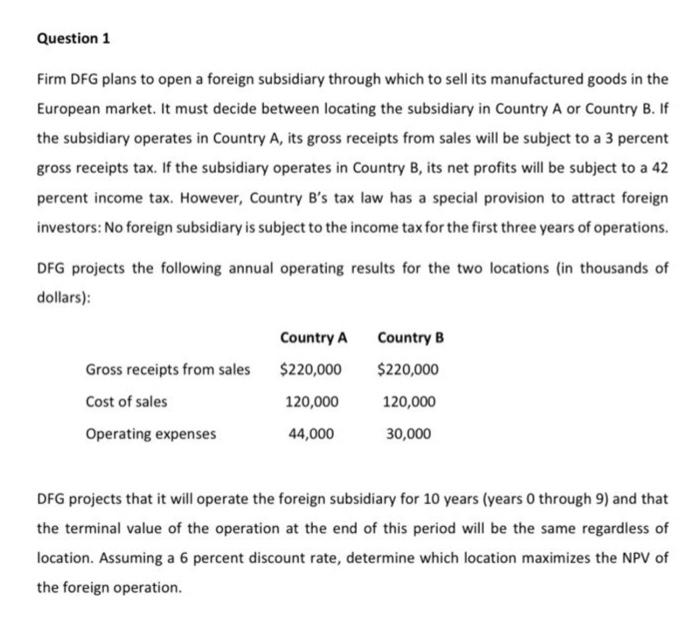 Solved Firm DFG plans to open a foreign subsidiary through | Chegg.com