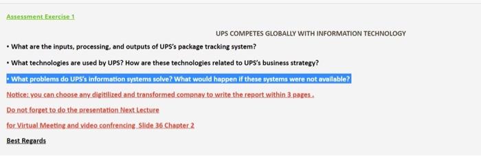 Solved Assessment Exercise 1 UPS COMPETES GLOBALLY WITH | Chegg.com